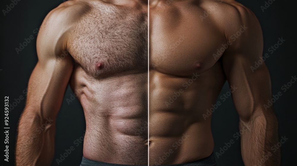 A man's abdomen is split into two halves, illustrating a stark contrast ...