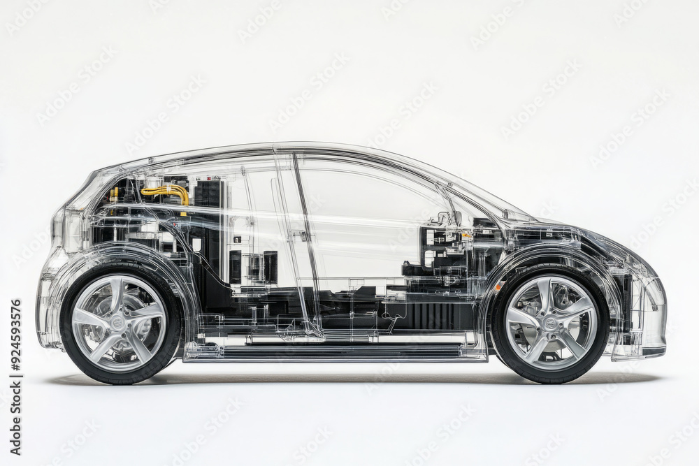 Cutaway view of electric car with battery engine and powertrain on ...