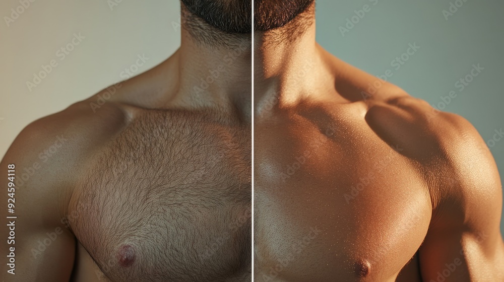 The image showcases a man's chest divided into two halves, each with ...