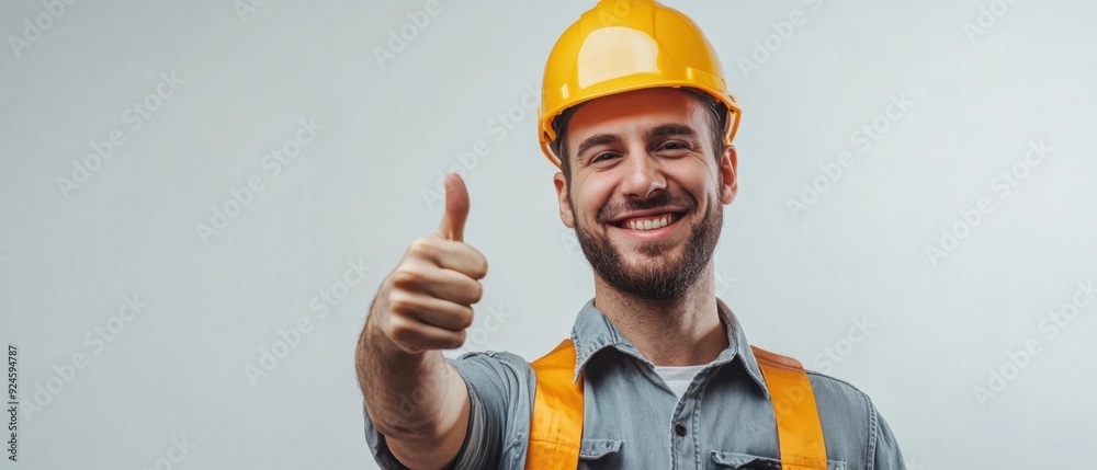 Happy engineer worker showing thumbs up with a broad smile on a clean ...