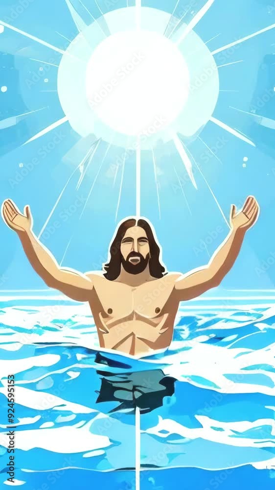 Baptism of Jesus Christ with a halo and sunlight in the Jordan River ...