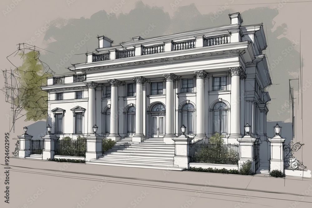 Neo-Classical Architectural Sketch Artistic Design with Technical Layer ...