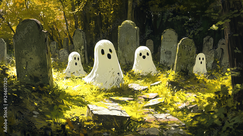 The image depicts a whimsical scene in an old, overgrown graveyard. The ...