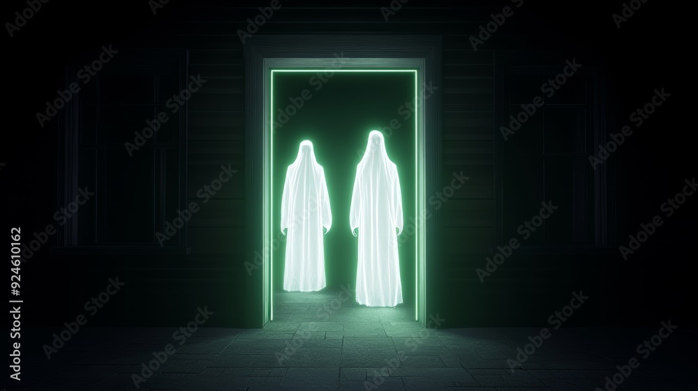 Holographic haunted house entry, neon green digital aura, futuristic ...