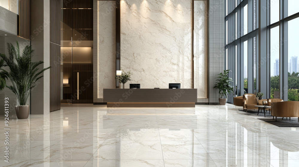 A visual showcasing part of a hotel lobby with a modern style. The ...