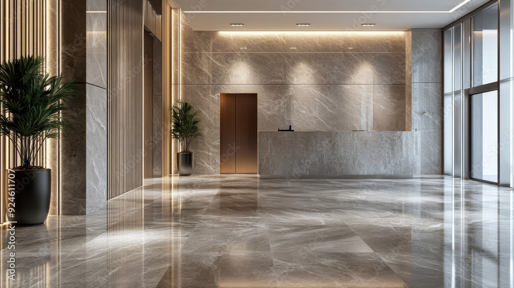 A visual showcasing part of a hotel lobby with a modern style. The ...