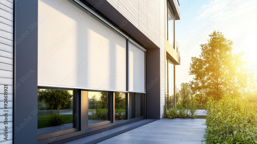 visual depicting external roller blinds installed on modern windows ...