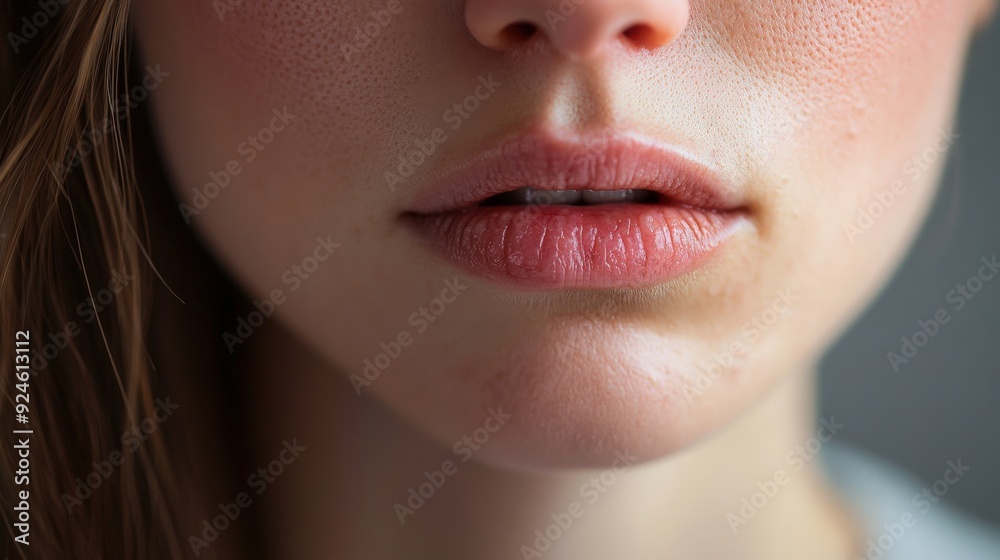 The individual has mild cold sores visible on their lips, showcasing ...