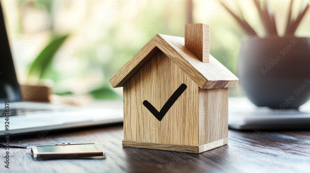 A visual featuring a wooden house model placed on a desk with a check ...