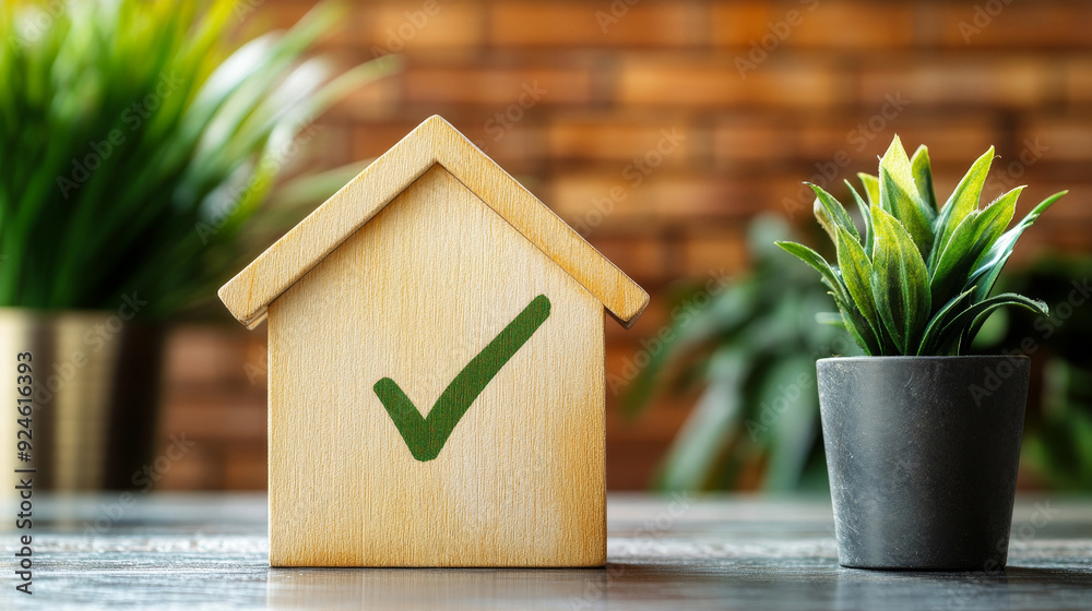 A visual featuring a wooden house model placed on a desk with a check ...