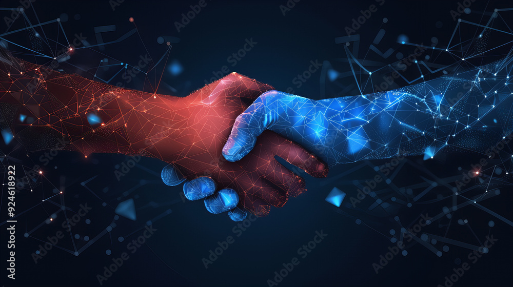 Futuristic Handshake, Digital Technology Partnership, Abstract Red and ...