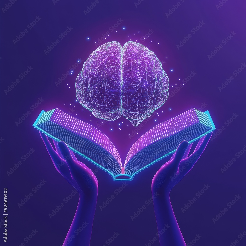 The brain and book can be seen as a low poly wireframe illustration. A ...