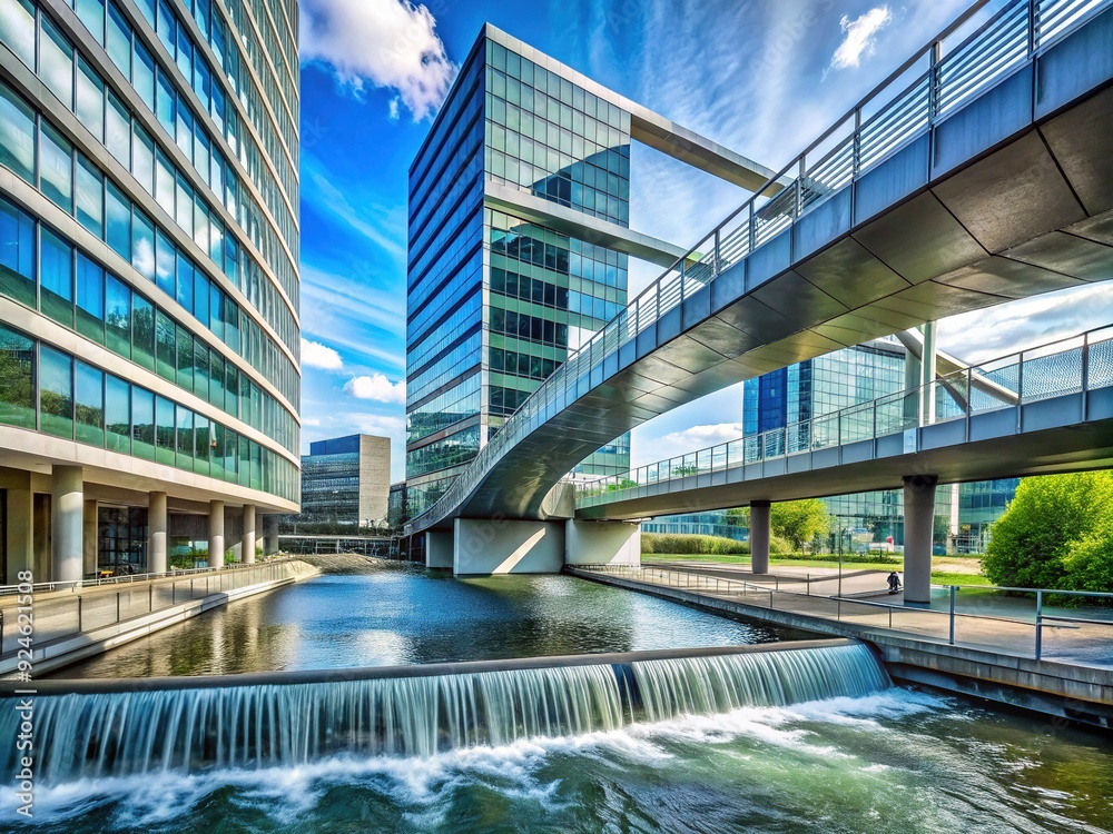 Bridge to Success: Modern bridge connecting two buildings, flowing ...