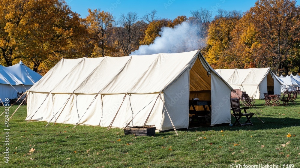 American Civil War reenactment with canvas tents, campfires, and ...