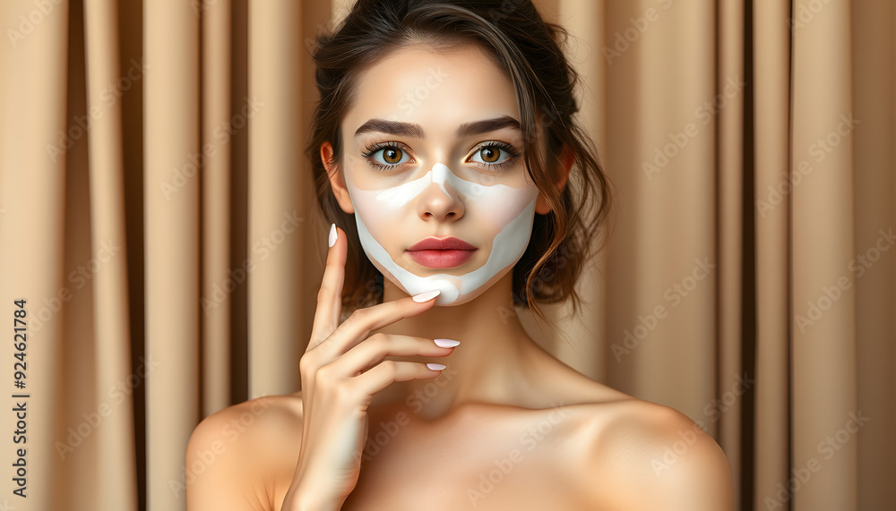 Unretouched portrait of gorgeous model girl apply cream face empty ...