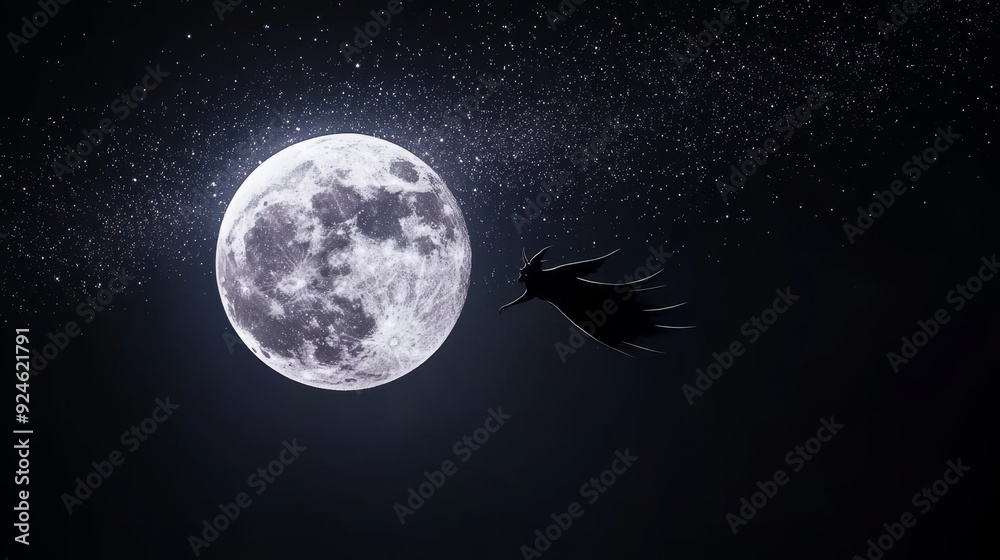 Witch in flight, glittering star dust, silver moon glow, dark starry ...