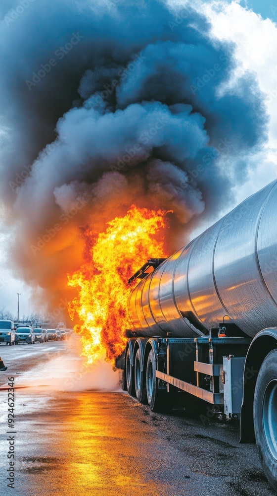 Fire engulfs large tanker truck as a person battles flames with a spray ...