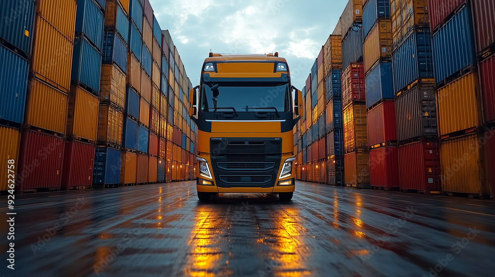 Global Logistics Hub: A vibrant yellow semi-truck navigates a rain ...