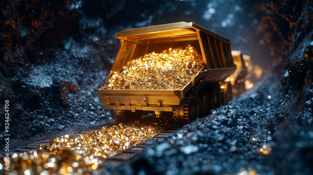Gold Rush: A mining truck laden with gleaming gold ore traverses a dark ...