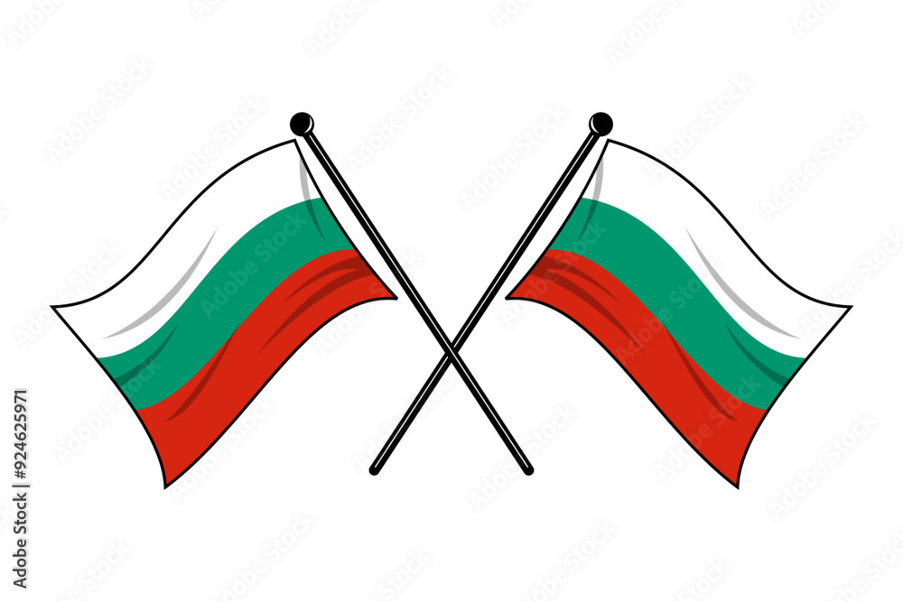 Two Bulgarian flags with flagpoles in a crossed position fluttering and ...