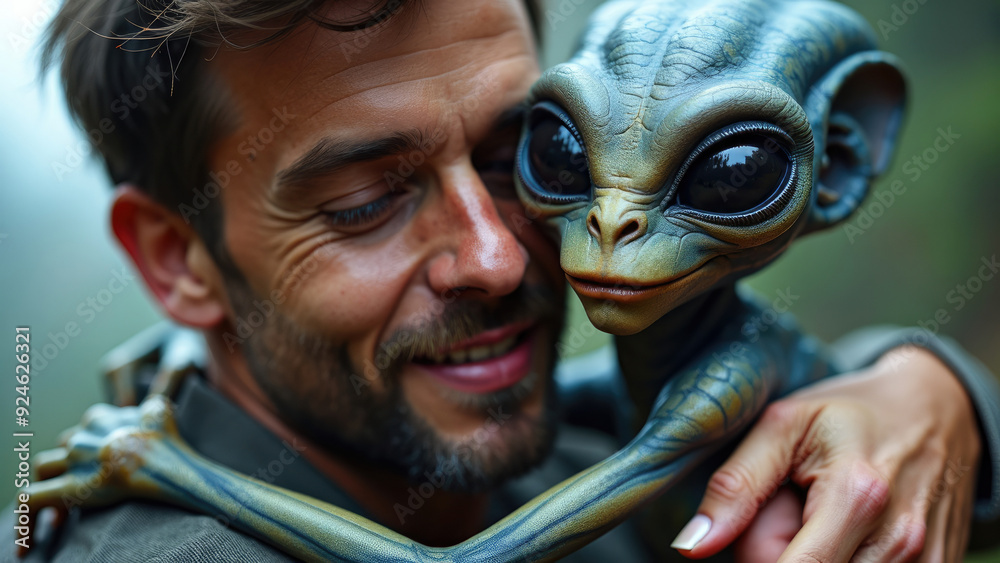 A man embraces an affectionate alien creature, depicting a unique bond ...