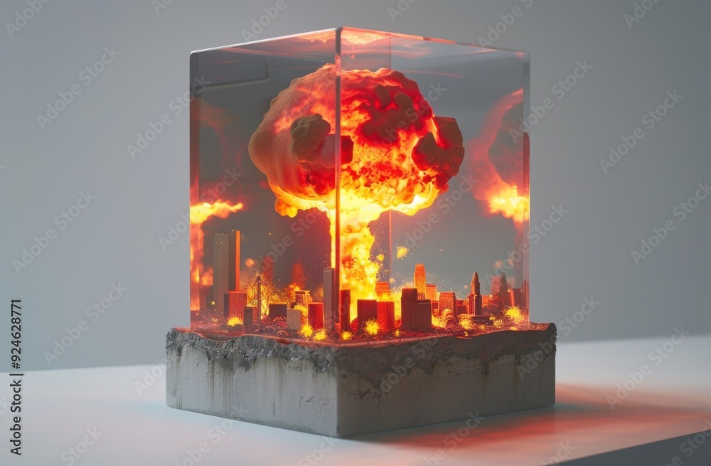 Nuclear explosion inside a transparent cube with a burning city inside ...