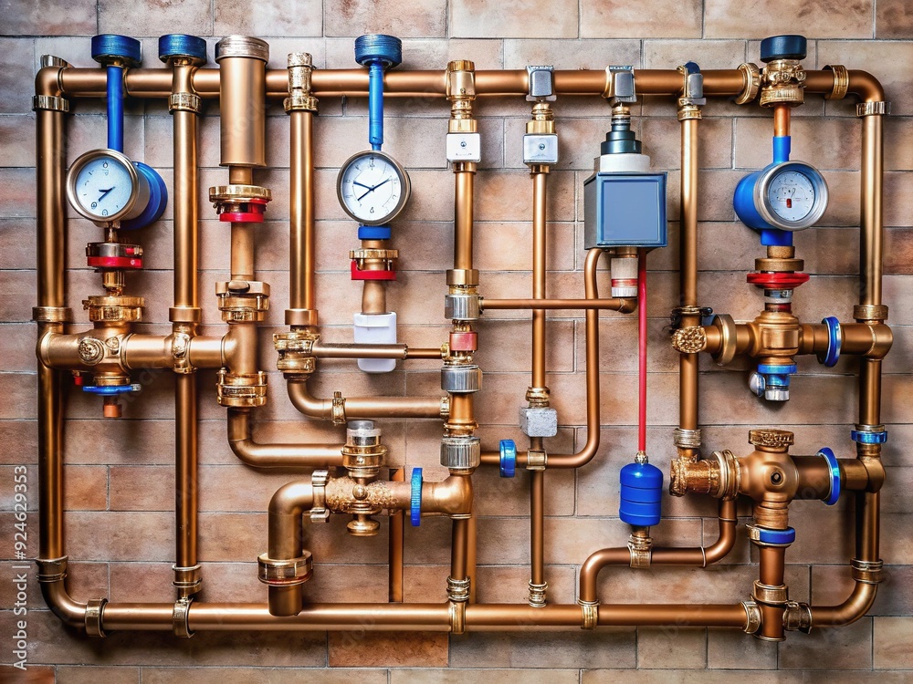 Modern water meter, filter, and pressure reducer installation on a wall ...