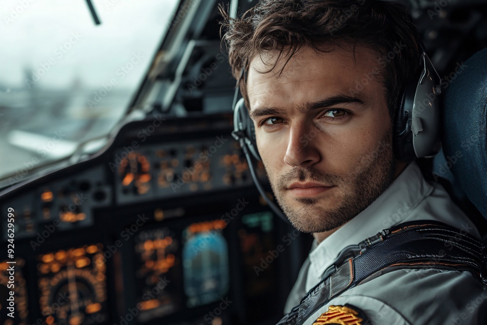 Confident pilot in cockpit, ready for flight. Professional, advanced ...