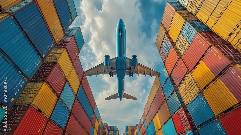 Large airplane soars above colorful stacked shipping containers at a ...
