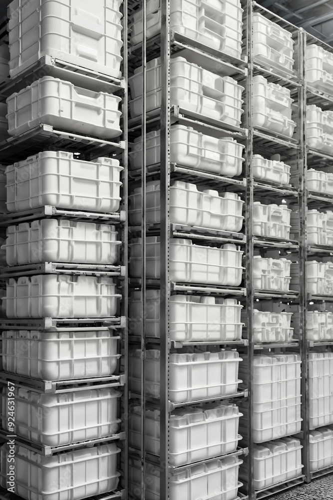 Full frame of rows of white plastic box containers for packaging and ...