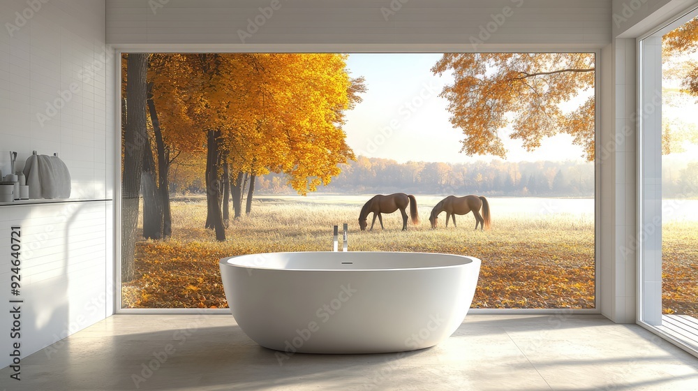 Bathroom, white minimalist interior design, big windows with autumn ...