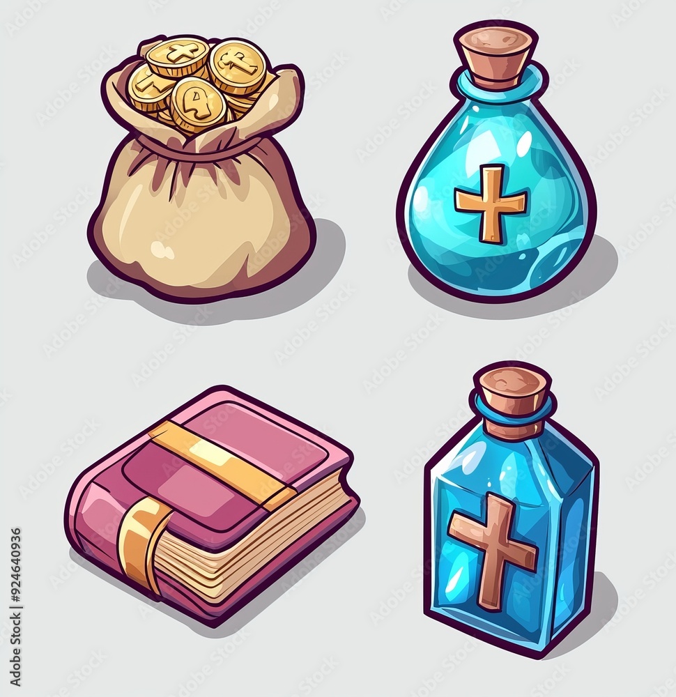 Objects for a casual fantasy game. Crystal, flask, gold bag, book of ...