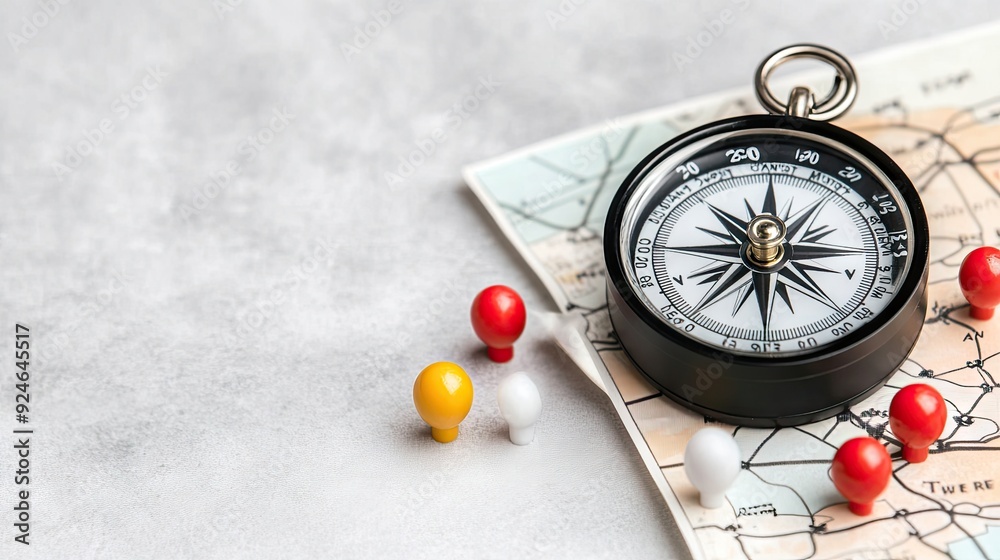 Exploring uncharted paths with a compass and colorful pins on a vintage ...