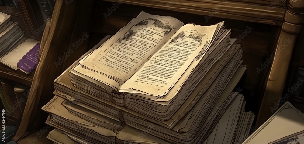 "Ancient Text: Hand-drawn Illustration of a Stacked and Open Book with ...