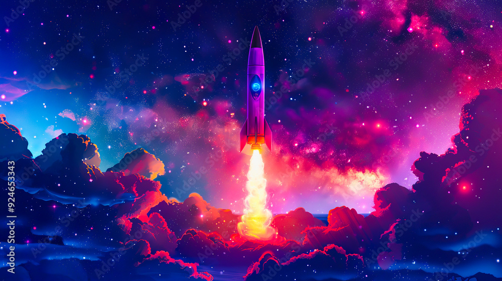 Cosmic Launch: A vibrant, digital art illustration of a rocket soaring ...