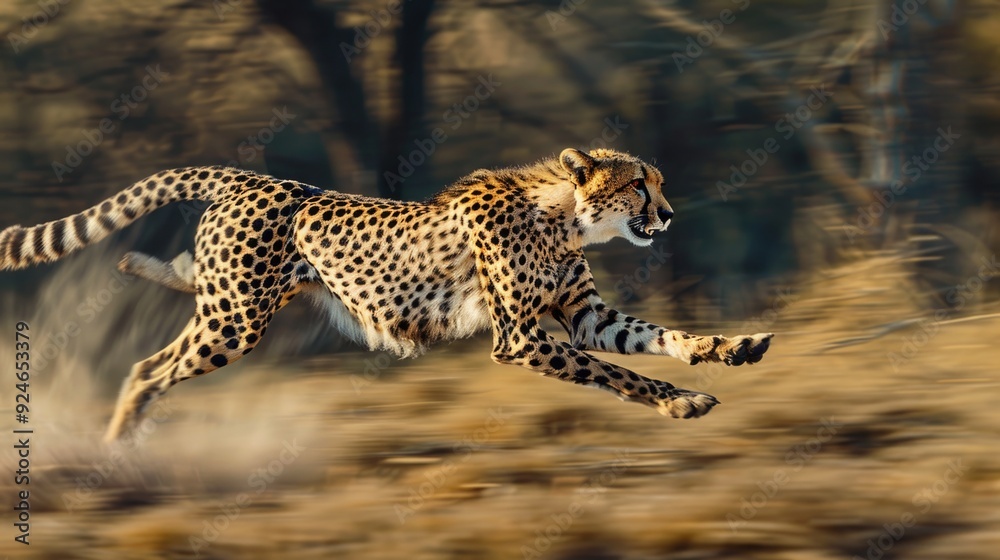 A cheetah runs through a dry and golden grass field, showcasing its ...