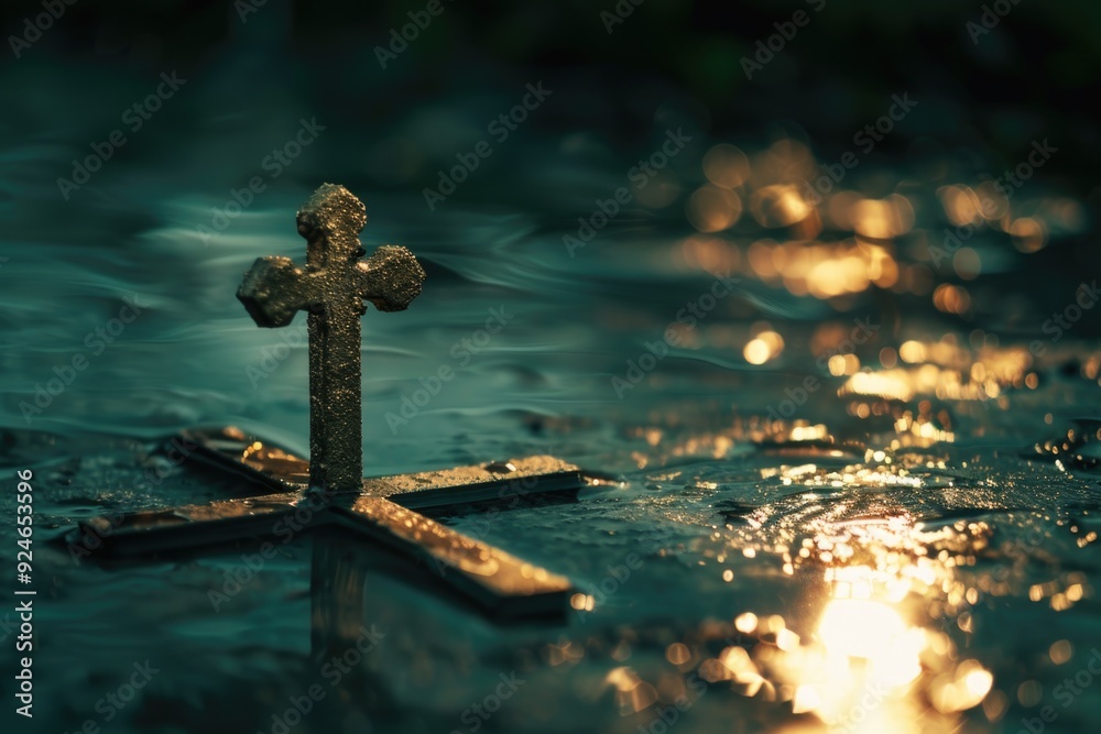A cross sitting on the surface of a puddle of water, often used in ...