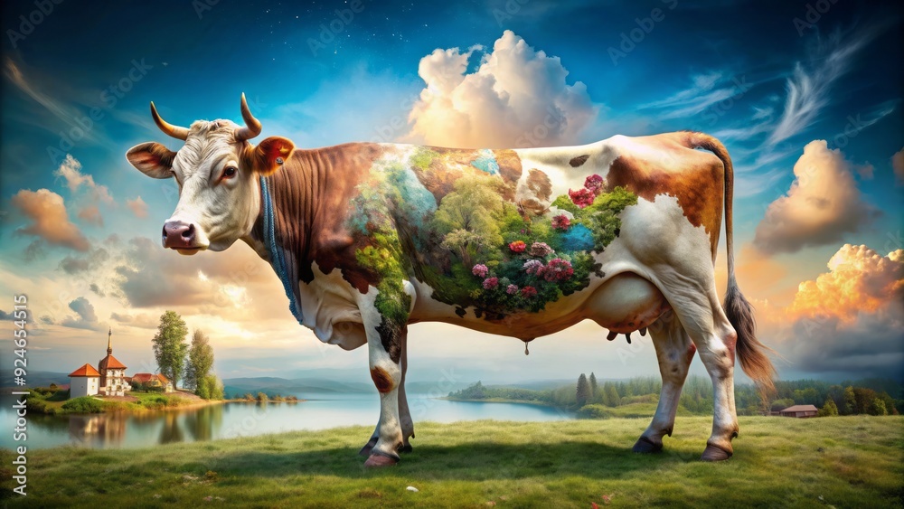 Surrealist Cow Collage: Cow body composed of various textures and ...
