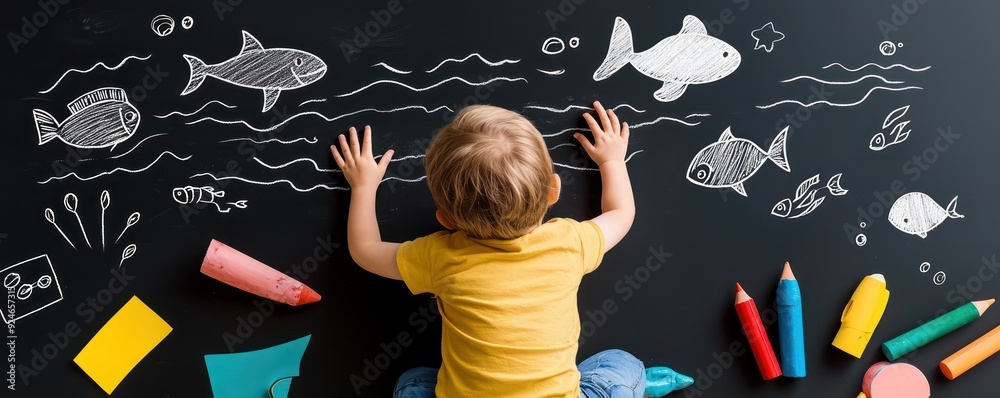 Imaginary Ocean Adventure - Child drawing a chalk ocean with waves and ...