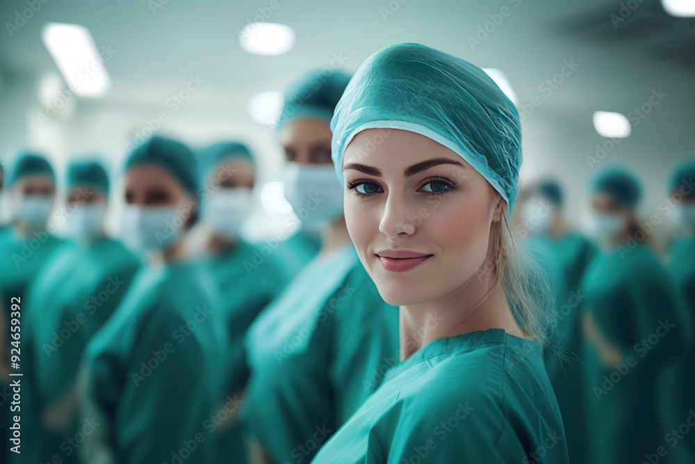 Confident female surgeon smiling in an operating room with her surgical ...