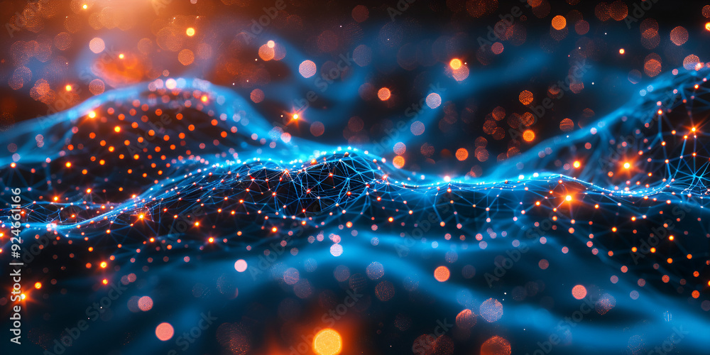 Futuristic Neural Network Visualization with Blue and Orange Glowing Nodes and Connections ...