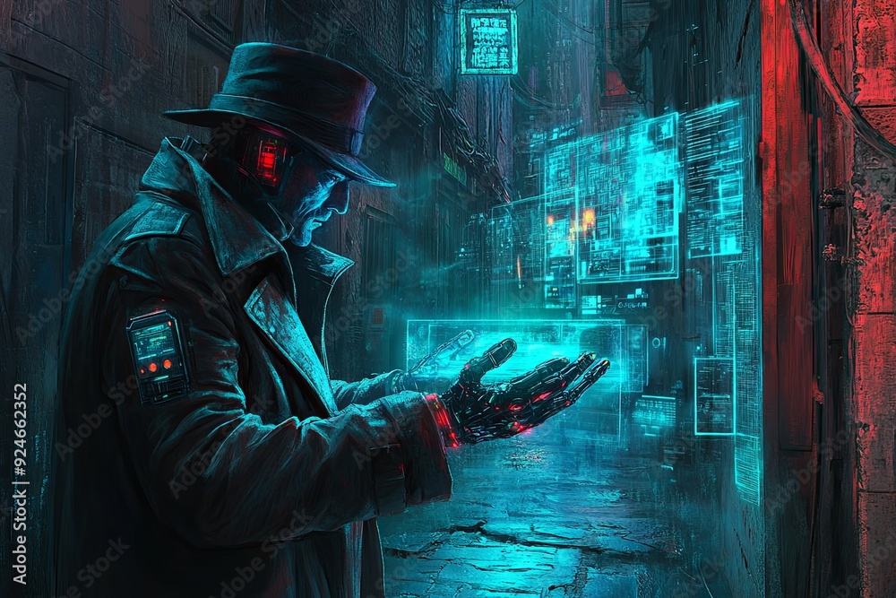 Cyberpunk detective with bionic hands examining a holographic crime ...