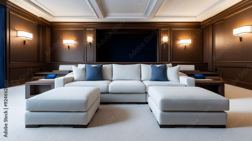 A home theater with ambient lighting from wall sconces and floor level ...