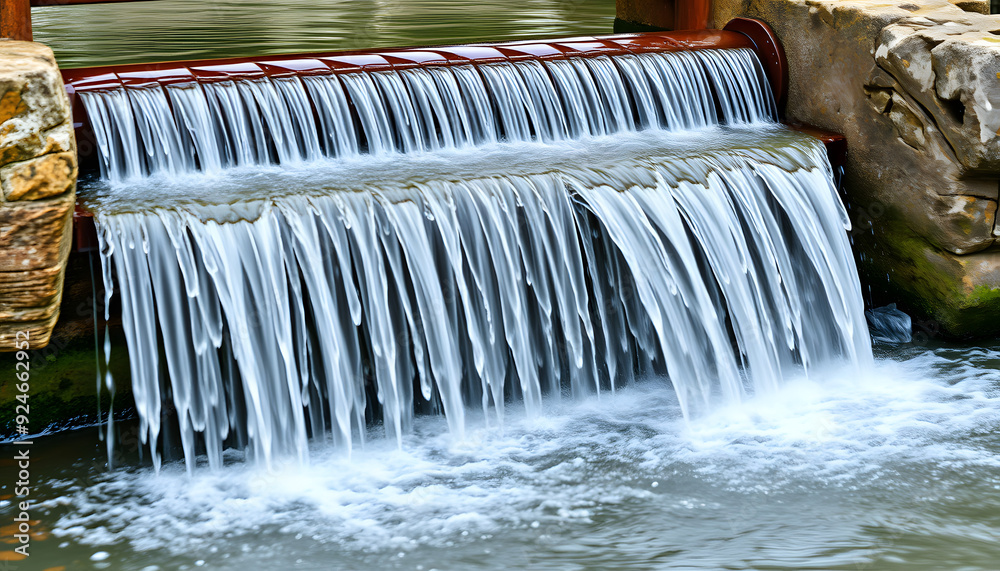 Water cascades from sluice flume rotating wooden water wheel isolated ...