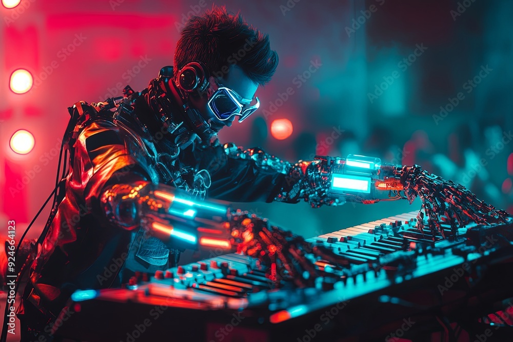 Cyberpunk musician with bionic arms playing a futuristic instrument on ...
