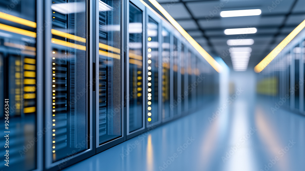 Side view of a modern data center with transparent glass walls showing ...