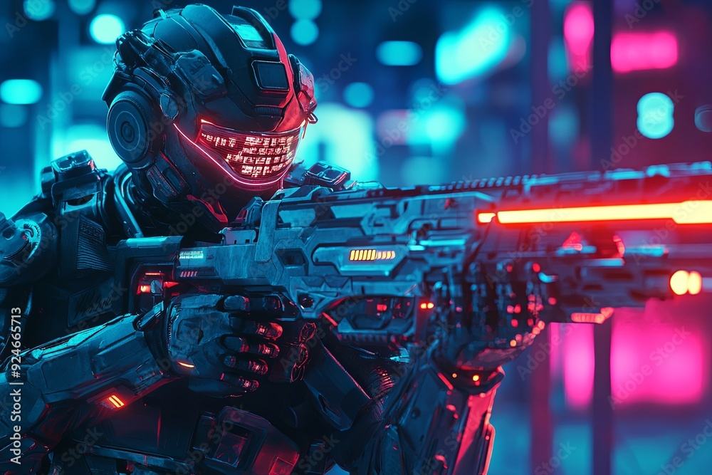 Cyberpunk soldier with bionic arms and a high-tech rifle, standing in a ...