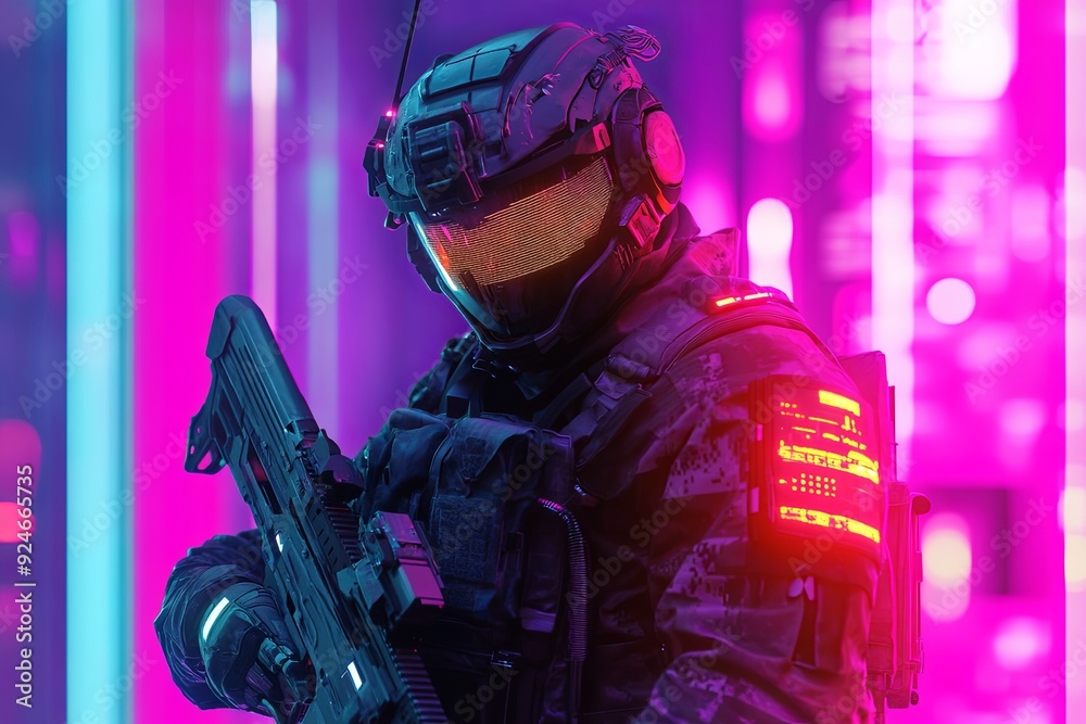 Cyberpunk soldier with bionic arms and a high-tech rifle, standing in a ...