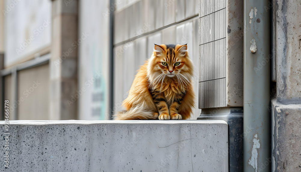 Homeless animal. Stray animal. A fluffy cat sits on a concrete fence ...