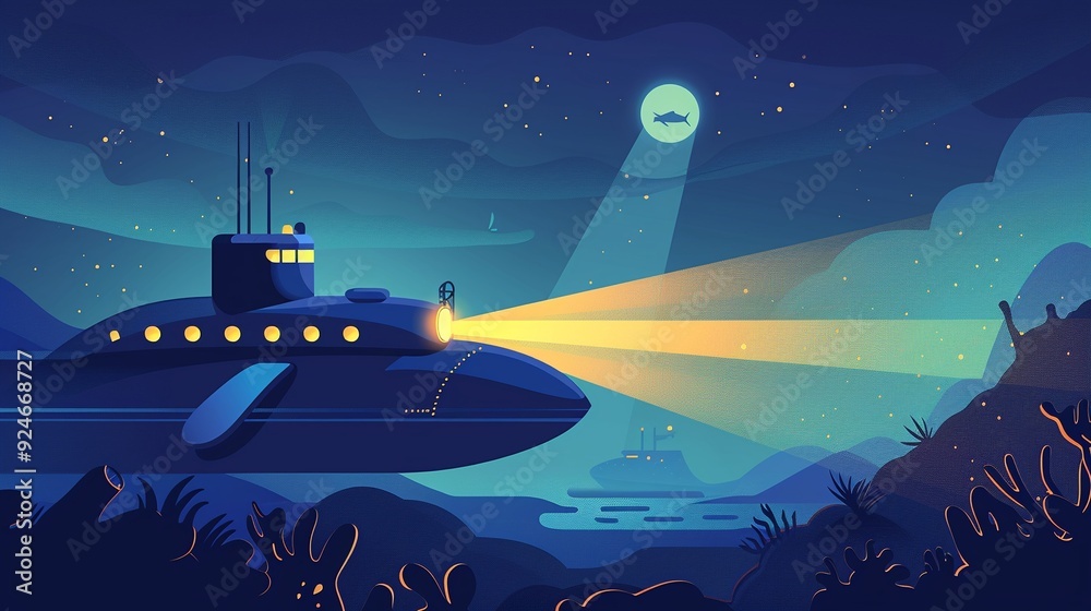 Glowing deep sea exploration clipart, submarine, flat vector art ...